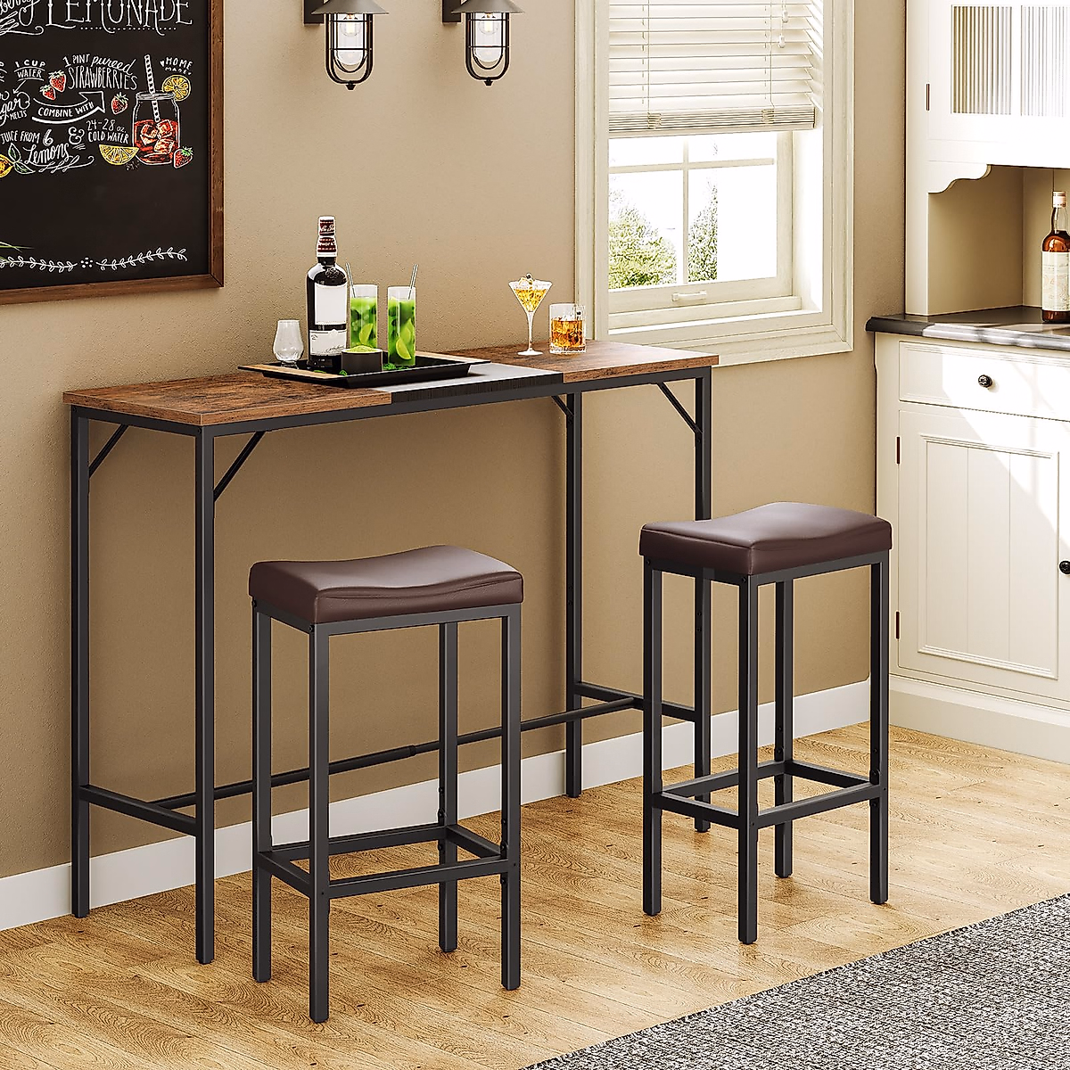 HOOBRO Bar Chairs, Set of 2 Counter Height Saddle Stools with Curved Surface, 24.8 Inches, 2.4" Thick Upholstery, for Kitchen and Dining Room, Brown and Black BC10BY01