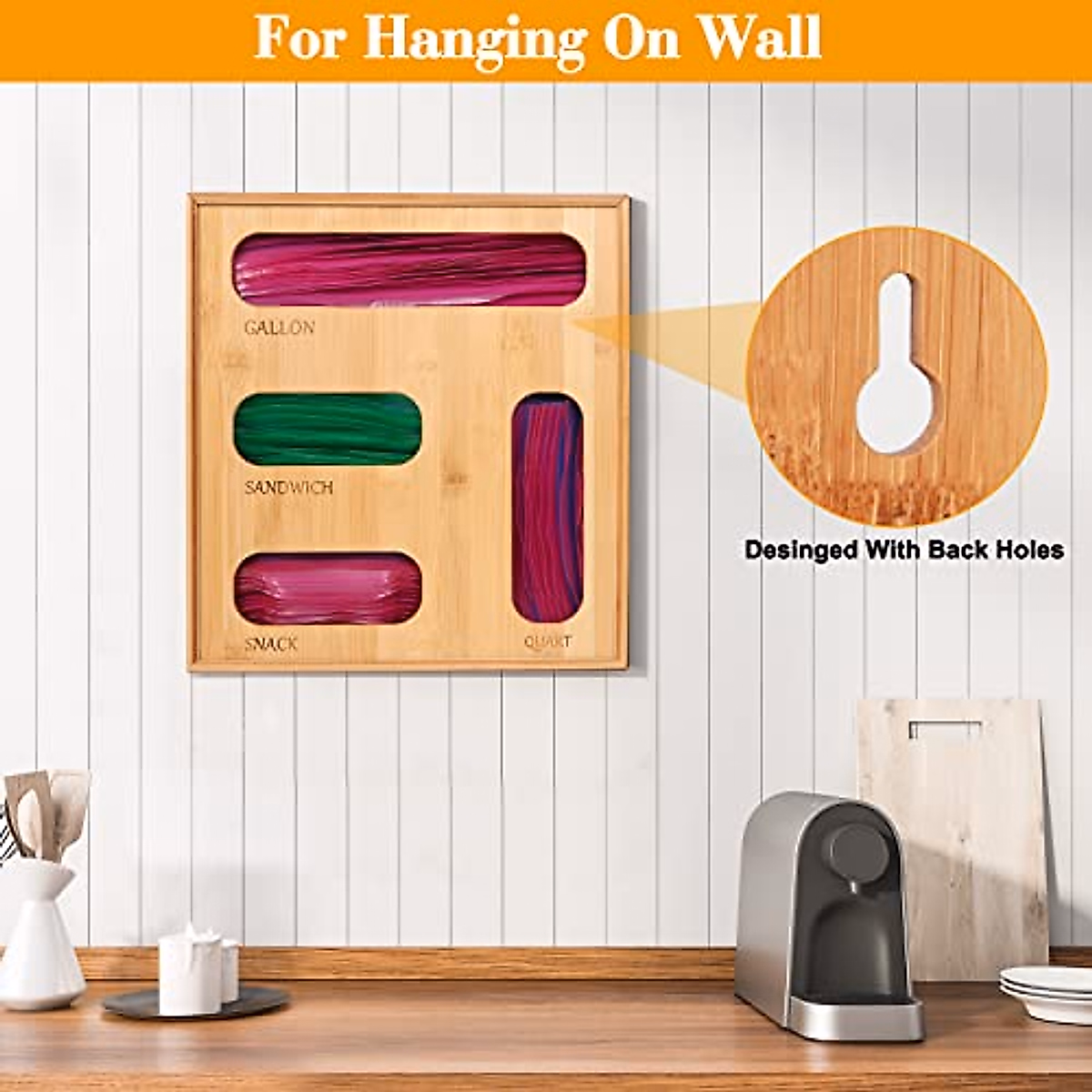 Bamboo Ziplock Bag Organizer For Drawer And Wall, Baggie Organizer Dispenser, Food Storage Bag Organizer Fits For Ziploc Solimo Glad Hefty For Gallon Quart Sandwich And More Zip Lock Bags - 4 Slots
