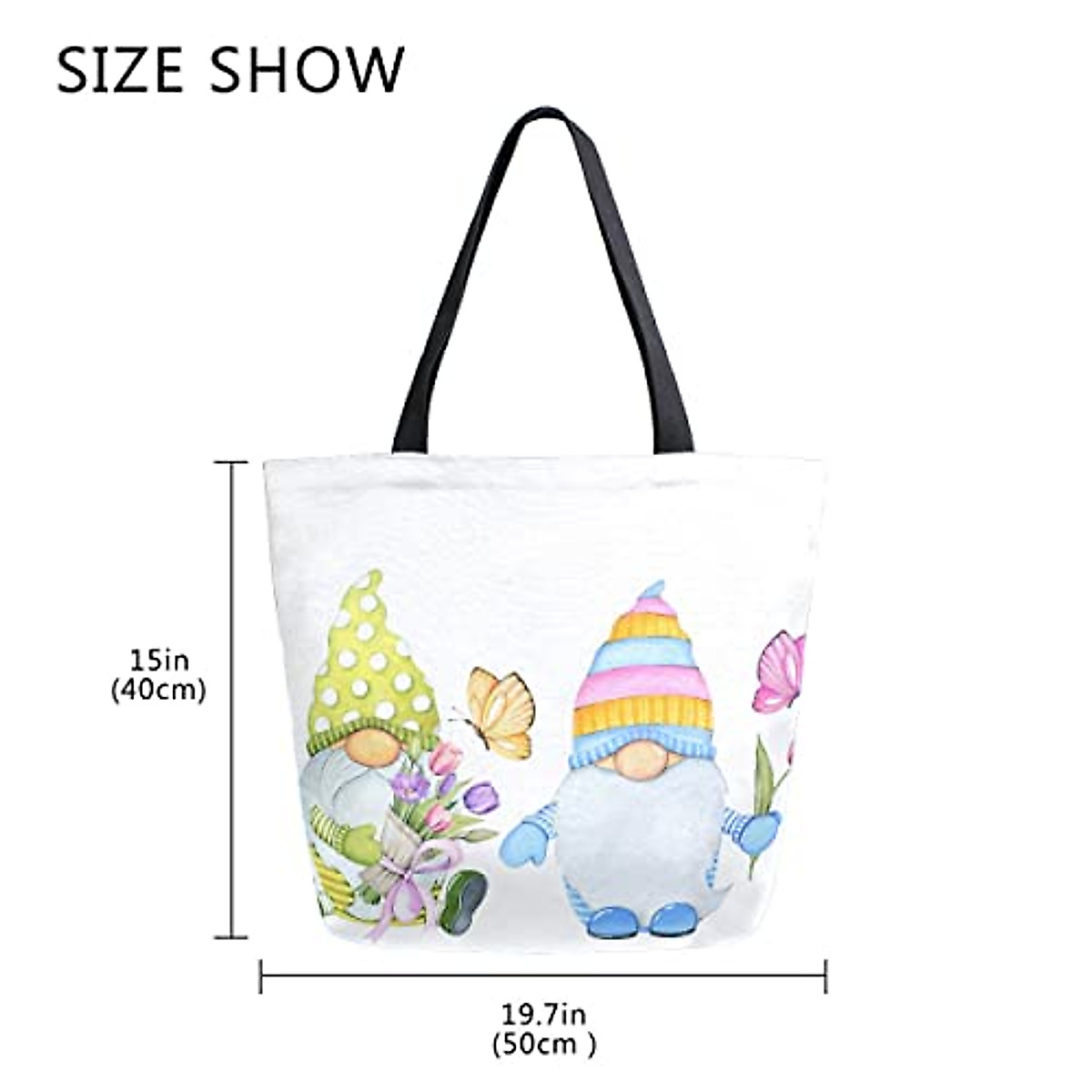 Cute Flowers Gnomes Large Canvas Shoulder Tote Top Storage Handle Bag for Gym Beach Travel Shopping