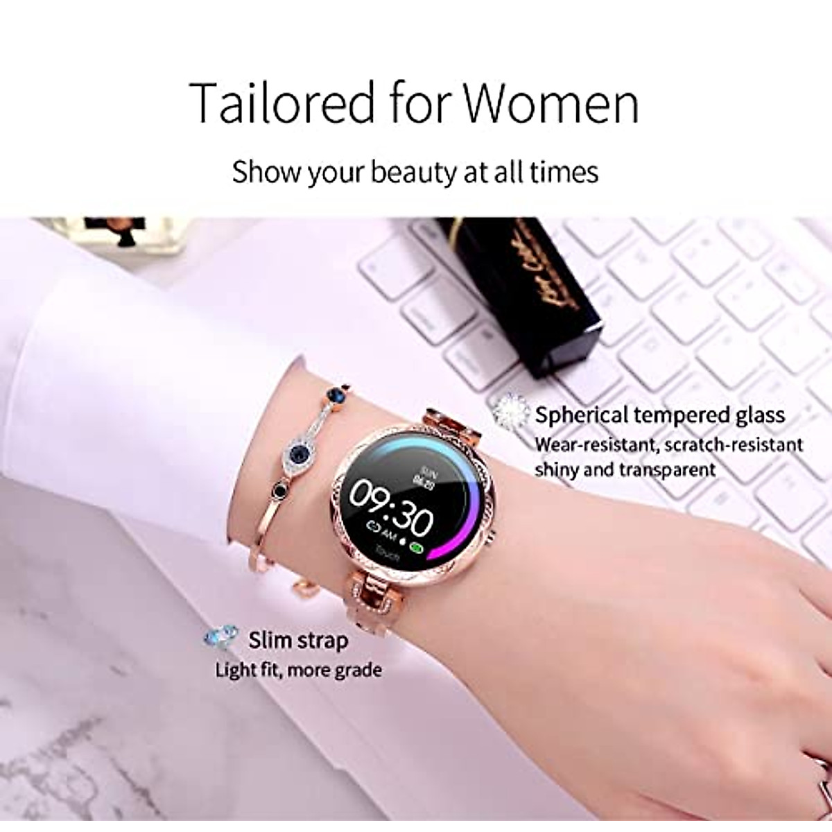 LONGLU Smart Watch for Women, Smartwatch Compatible for iOS Android iPhone Samsung Phones. Fitness Tracker with Heart Rate Blood Pressure Waterproof Bluetooth Pedometer Sleep Activity Tracker (Gold)