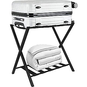 Heavy Duty Luggage Rack Folding Metal Suitcase Luggage Stand with Storage Shelf-2 Tiers, Black