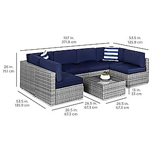 Best Choice Products 7-Piece Modular Outdoor Sectional Wicker Patio Furniture Conversation Sofa Set w/ 6 Chairs, 2 Pillows, Seat Clips, Coffee Table, Cover Included - Gray/Navy