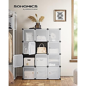 SONGMICS Cube Storage with Door, Set of 12 Plastic Cubes, Closet Storage Shelves, DIY Plastic Closet Cabinet, Modular Bookcase, Shelving with Doors for Bedroom, Living Room, Black and White ULPC34HV1
