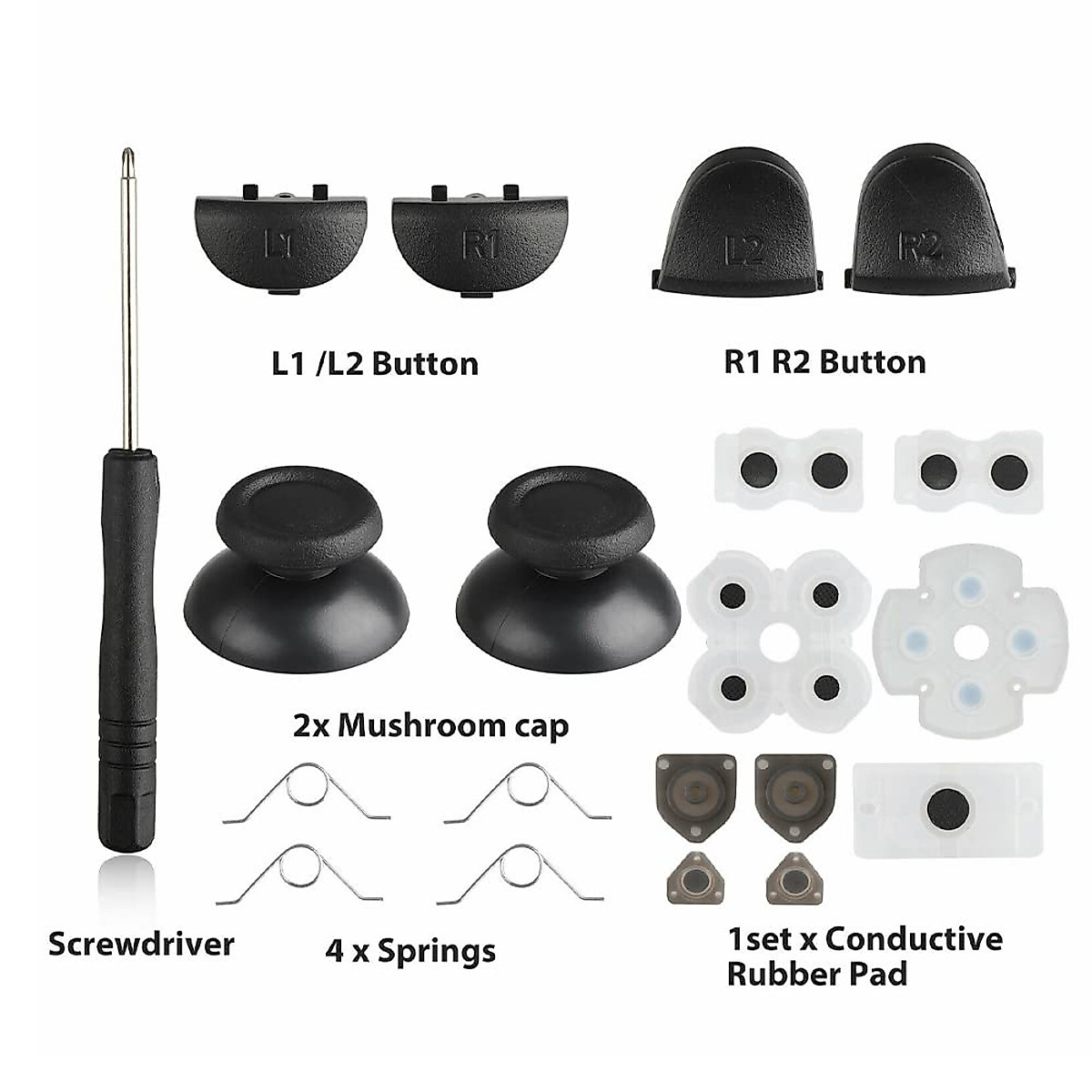 SaiDian 1Set Silicone Conductive Rubber Pad Joystick Thumb Sticks Replacement Kit L1 R1 L2 R2 Button Thumbsticks Repair Tools Kit for PS4 Controller