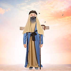 Patelai 6 Pcs Child Shepherd Costume Kids Child Costume with Robe Lining Scarf Sash Cane Beard for Halloween Cosplay(Medium)