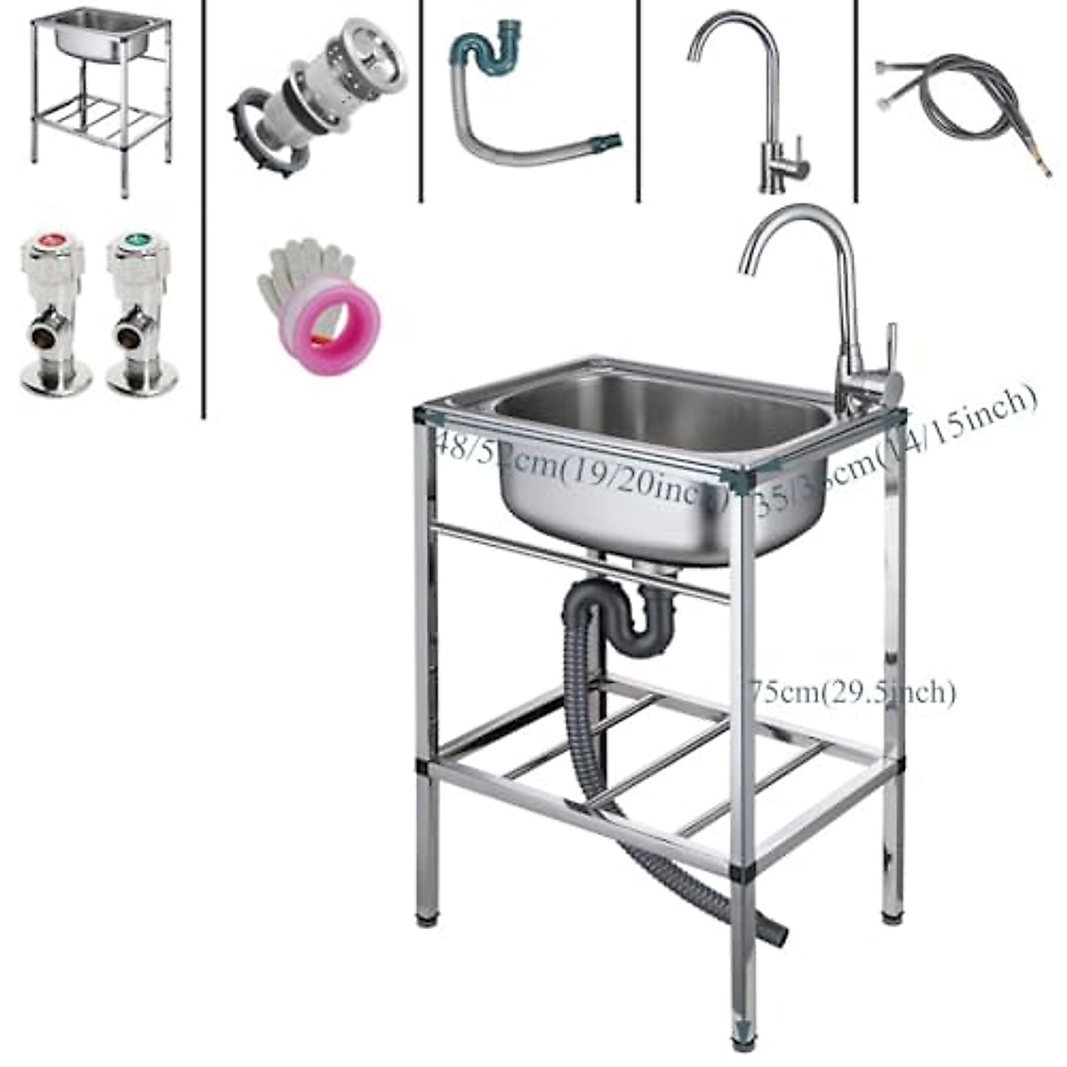 Commercial Kitchen Sink, Outdoor Garden Sink with Faucet and Storage Shelf, Free Standing Stainless Steel Washing Hand Basin for Restaurant, Bar, Camping (Size : 52x38cm(20x15inch))