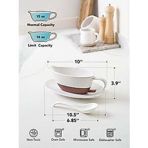 LE TAUCI 16 OZ Gravy Boat with Ladle and Saucer, Ceramic Gravy Bowl with Tray and Ladle for Christmas Dinner, Drip-Proof Lip Dispenser, Microwave and Dishwasher Safe, Brown-Red and White