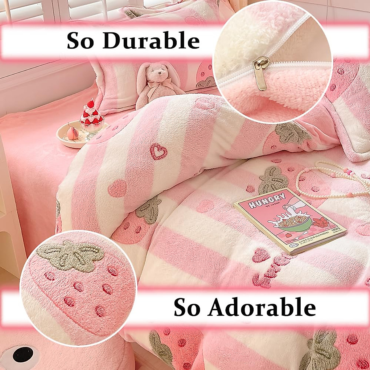 OranFran Pink Strawberry Kids Duvet Cover Set Queen Cute Kawaii Bedding Set Snowflake Fluffy Comforter Cover Blanket Soft Reversible Duvet Cover Room Decor (Strawberry,Queen)