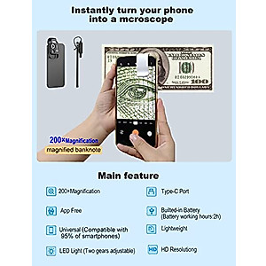 DDCHEN 200X Phone Microscope with LED Light, Microscope with Universal Phone Clip Compatible with iPhone/Andriod Phone,The Best Portable Microscope to Enjoy Microworld for Kids and Adults. (Black)