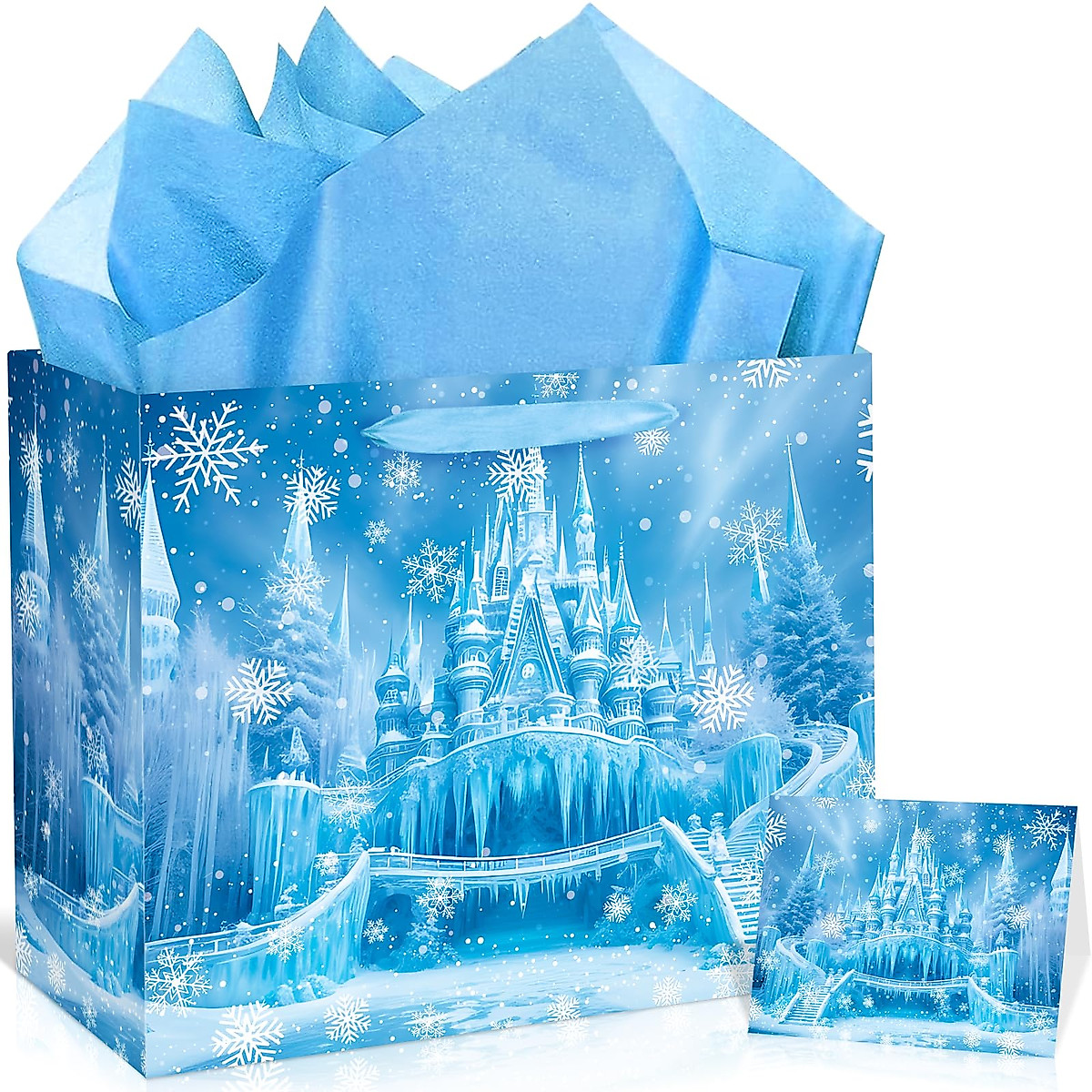 Large Frozen Gift Bag Snowflake Winter Birthday Favors Bags with Greeting Card and Tissue Paper Frozen Snowflake Castle Wrapping Paper Bags for Kids Girls Boys Birthday Party Decorations Supplies