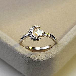 Opal Star Moon Open Adjustable Ring for Women Girls 925 Sterling Silver Crystal Cubic Zirconia Crescent Moon Lucky Stars Stacking Statement Thin Tail Finger Band Eternity Love Promise Expandable