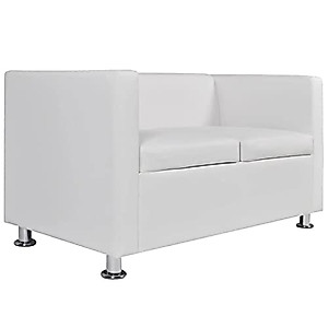 vidaXL Sofa, Love Seat Sofa Couch with 2 Pillows, Loveseat Sofa for Home Living Room Bedroom, Modern Style, Artificial Leather White