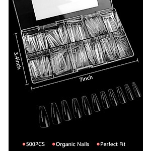 Yevyo 500 Pcs Clear Gel X Nail Tips Coffin Nail Tips False Nail Tips, Acrylic Fake Nail Soft Medium Coffin Shape Nail Extension Tips Extra Long Nail Tips Full Cover Nail Tips for Nail Arts DIY Home