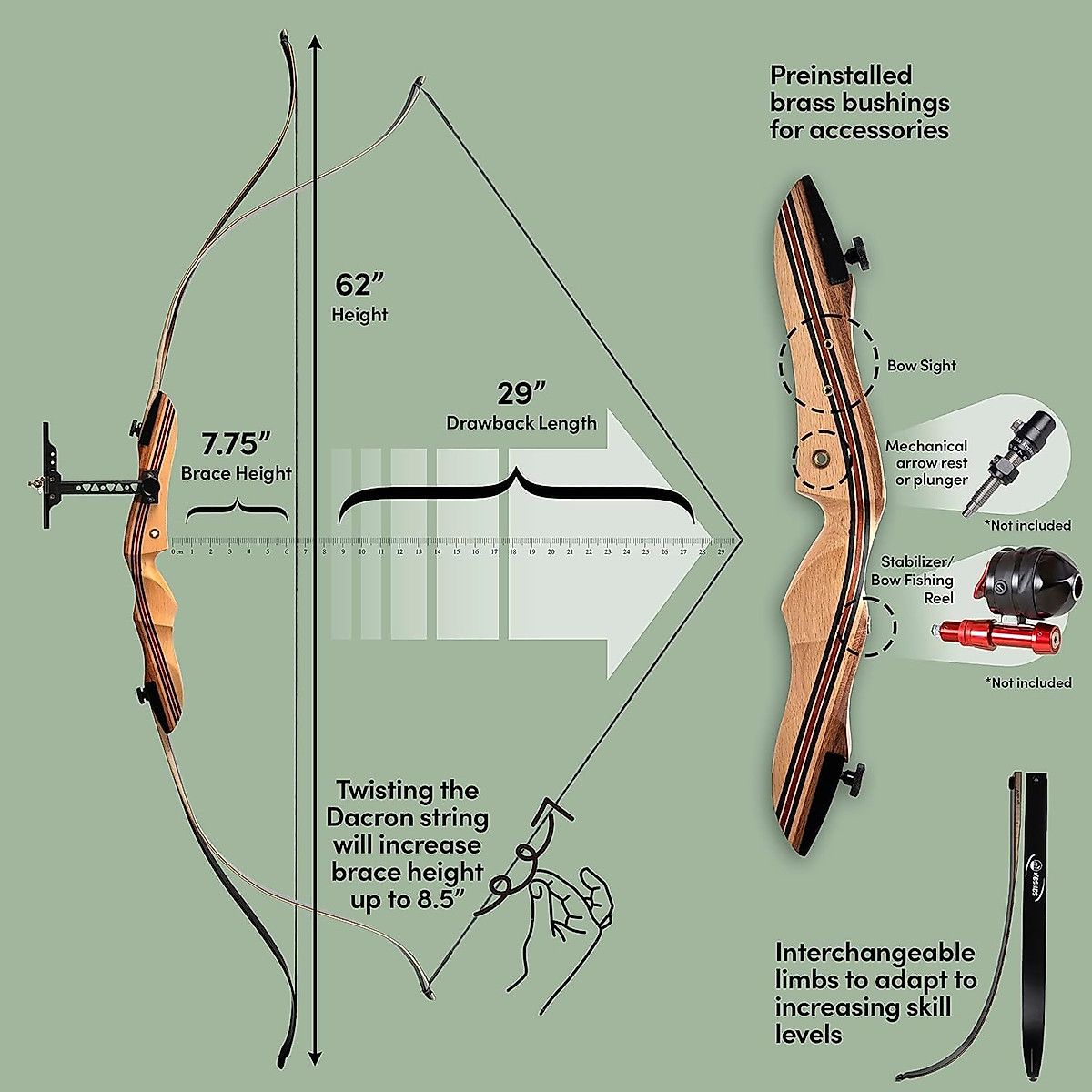Keshes Takedown Hunting Recurve Bow and Arrow - 62 Archery Bow for Teens and Adults, 15-60lb Draw Weight - Right and Left Handed, Archery Set Bowstring Arrow Rest Stringer Tool Sight
