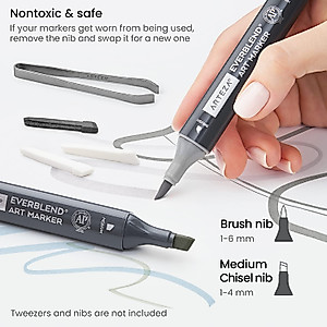 ARTEZA Alcohol Brush Markers Set of 36 Grayscale Dual Tip Markers with Organizer Box, Medium Chisel and Brush Nib