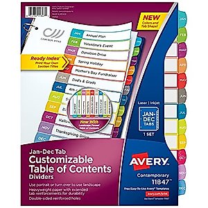 Avery 12-tab Dividers for 3 Ring Binders, Customizable Table of Contents, Multicolor Tabs, 1 Set (11847)