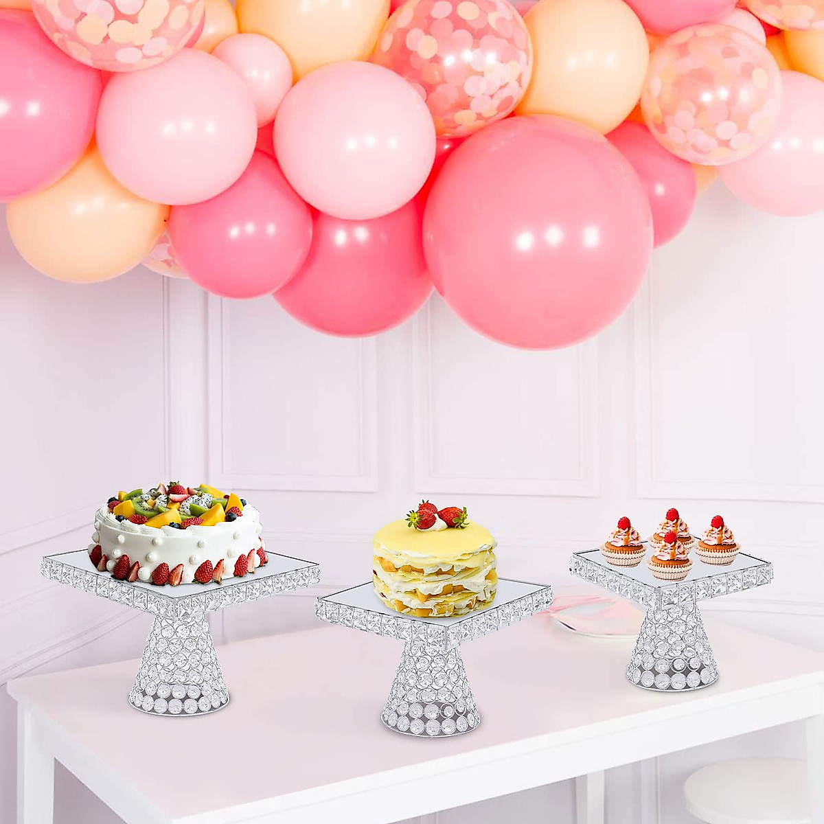 3pcs Crystal Cake Stand, Mirror Cake Tray Dessert Cupcake Pastry Candy Display Plate for Christmas Wedding Event Party Decoration (Silver)