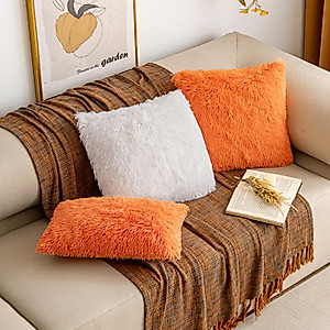 EMEMA Orange Fall Faux Fur Throw Pillow Covers 18x18 Inch Set of 2 Fluffy Pillowcase Fuzzy Fleece Decorative Square Cute Home Decor Luxury Soft Mongolian for Couch Sofa Bed Livingroom Halloween