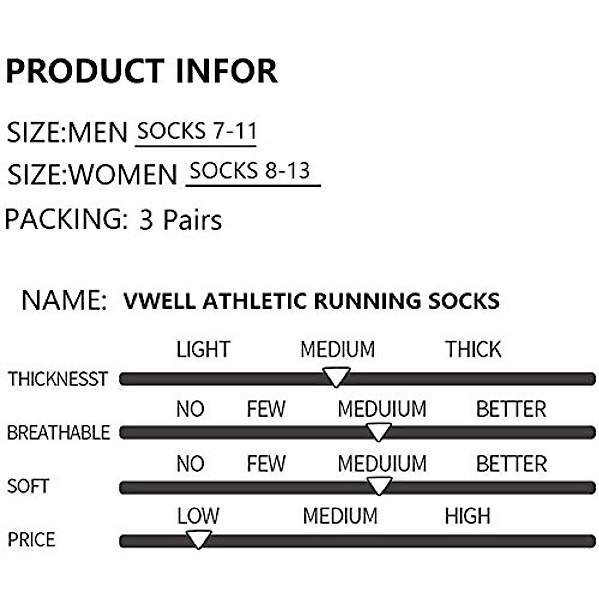 VWELL Toe Socks Cotton Athletic Running Five Finger Socks 3 Pairs,Size 7-11