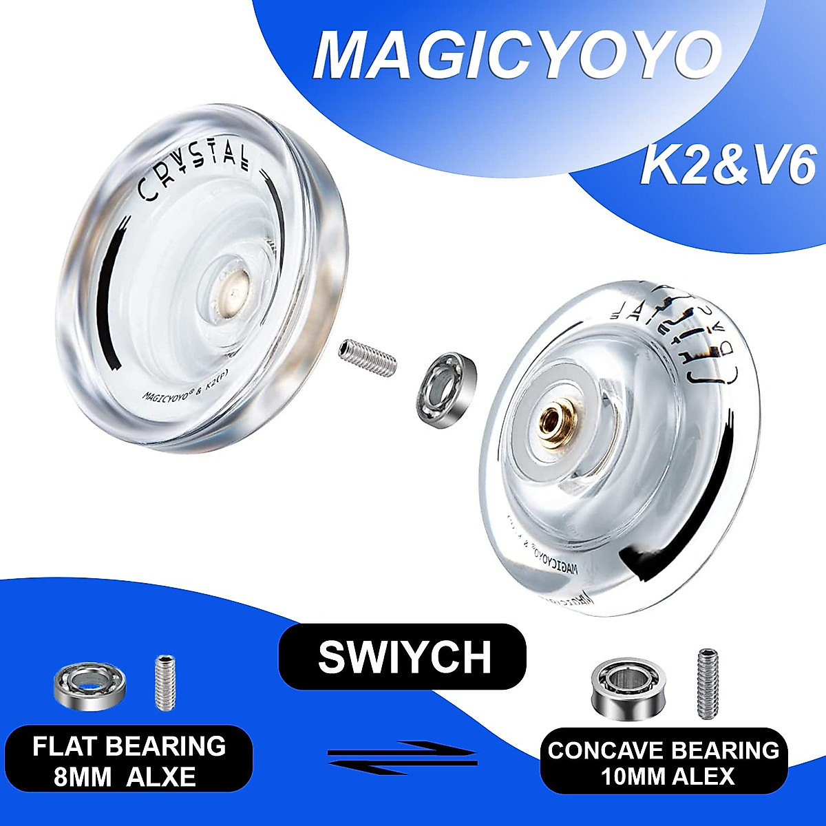 MAGICYOYO Pack of 2 Responsive Yoyos for Kids Beginners, K2 & V6 Dual Purpose Yoyos, Replacement Unresponsive Bearings Kit for Advanced Players + 12 Yoyo Strings +Storage Bag-2 Hole