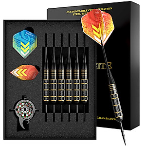 CC-Exquisite Professional Steel Tip Darts Set - 6 x 22g Brass Barrels with 12 Flights Standard/Slim, 12 Aluminum Shafts 35/48mm, 12 O-Rings, Dart Tool (‎Black - Luminary 18g/22)