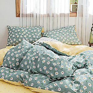 Sage Green Floral Duvet Cover Twin Soft Cotton Bedding Set Daisy Floral Printed on Green Bedding Duvet Cover, Modern Botanical Comforter Set with Zipper Closure