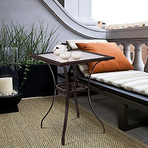 Tangkula Patio Bar Table with Umbrella Hole, All Weather 37 Inches Height Heavy Duty Outdoor Square Glass Top Table, for Garden Balcony Poolside and Lawn, Mix Brown