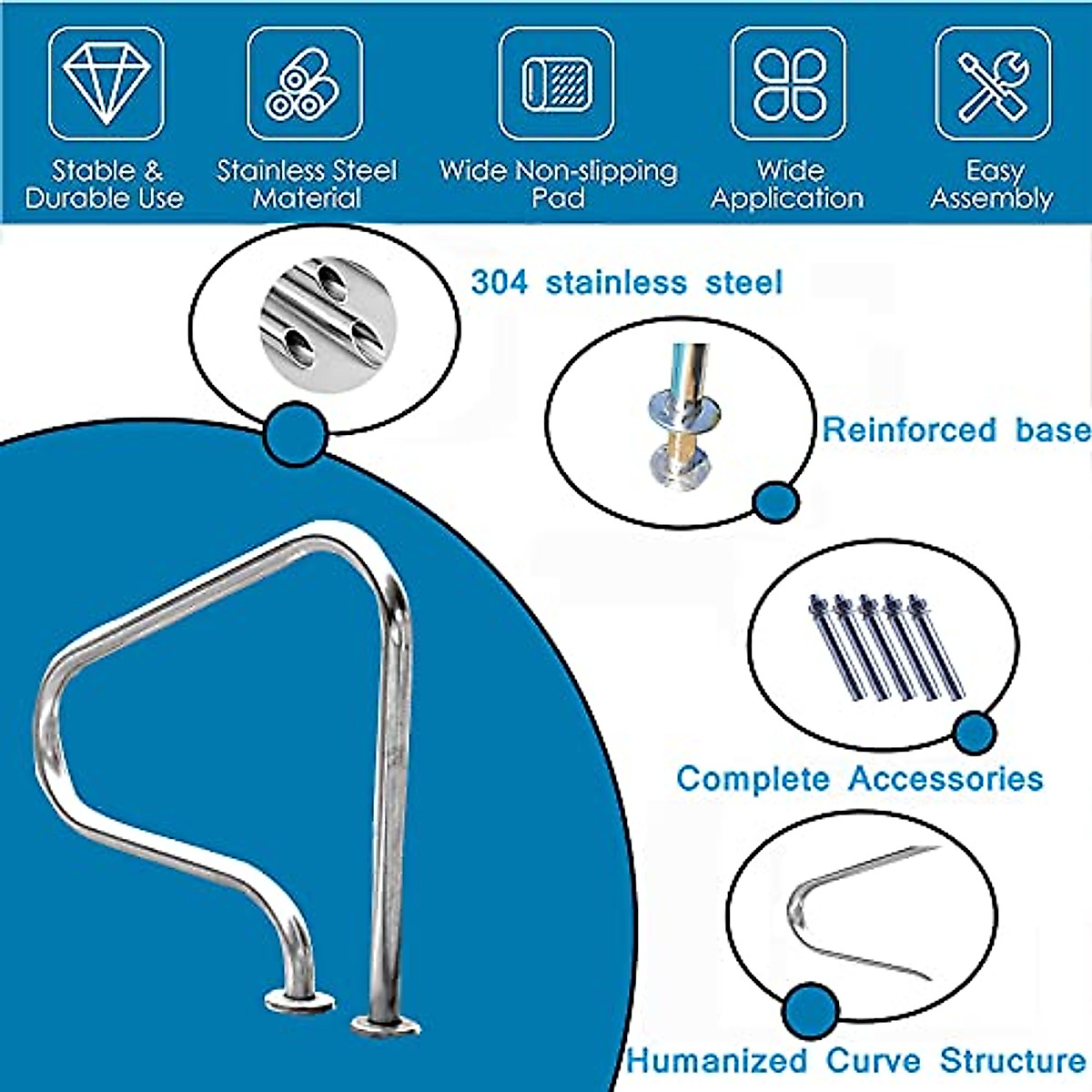 BTZHY Swimming Pool Handrails Easy-to-Install Handrails 304 Stainless ...