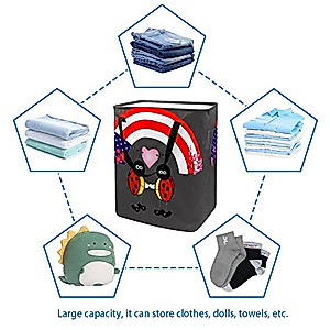 Ladybug and USA Flag Rainbow Print Collapsible Laundry Hamper, 60L Waterproof Laundry Baskets Washing Bin Clothes Toys Storage for Dorm Bathroom Bedroom