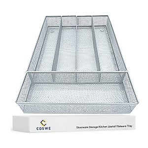 COSWE Silverware Tray for Drawer, Silverware Organizer, Metal Drawer Organizer Kitchen Utensils with Foam Feet Multi Compartments Cutlery Organizer in Drawer