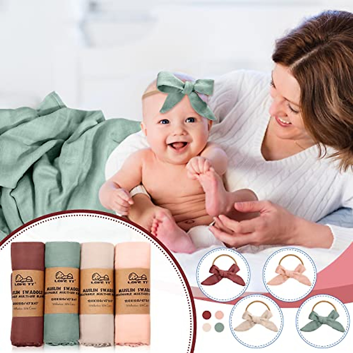 Tatuo 4 Pack Baby Swaddle Blanket Breathable Muslin Swaddle Blanket for Boys Girls, 4 Soft Elastic Baby Headbands with Hair Bows, 47 x 47 Inch Receiving Blanket for Newborn Infant(Light Color)