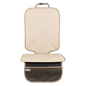 Viaviat Car Seat Protector Leather Waterproof Child Safety Seat Protector Cover with Thick Pad and 2 Large Pockets Durable Kick Mat for All Auto Seat (Beige)