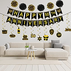 DARUNAXY 50th Wedding Anniversary Decorations Kit, Happy 50th Anniversary Black Gold Glitter Banner for Women, 6PCS Poms, 10PCS Hanging Swirls for Cheer to 50 Anniversary Party Supplies for Men(17PCS)