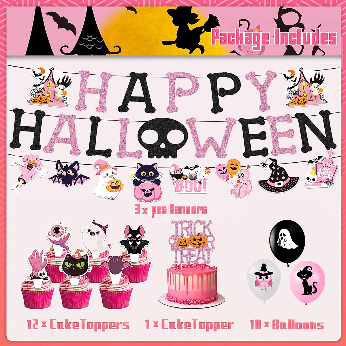 DPKOW Pink Halloween Party Decorations with Happy Halloween Banners, Cupcake Toppers and Balloons Pink and Black Halloween Decorations for Girls Kids Baby Shower Boo Day Birthday Party Supplies, 36Pcs