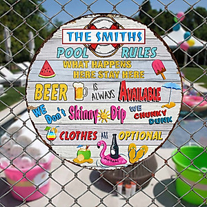 V VIBEPY All Over Printed, Personalized Pool Rules Wooden Sign, Pool Rules What Happens Here Stay Here, Pool Bar Decor, 8”,12”,18” Wooden Sign, Summer Decor Outdoor, Housewarming Gift (02)