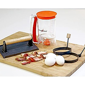 Blackstone 1543 Outdoor Griddle Breakfast Preparation Kit with Pancake Batter Dispenser, Cast Iron Bacon Press, and 2 Non Stick Steel Egg Rings