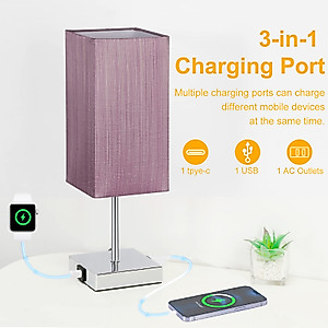 SEEDED-DESIGN Touch Lamps for Bedrooms Set of 2, Small Bedside Lamp with USB Port and Outlet, 3-Way Dimmable Nightstand Lamp for Living Room(LED Bulb Included) (Square, Purple)