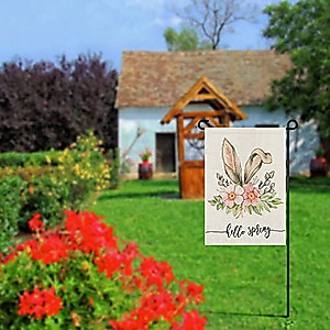 Hello Spring Bunny Floral Garden Flag 12×18 Inch Burlap Double Sided Outside, Seasonal Sign Yard Outdoor Decoration DF249