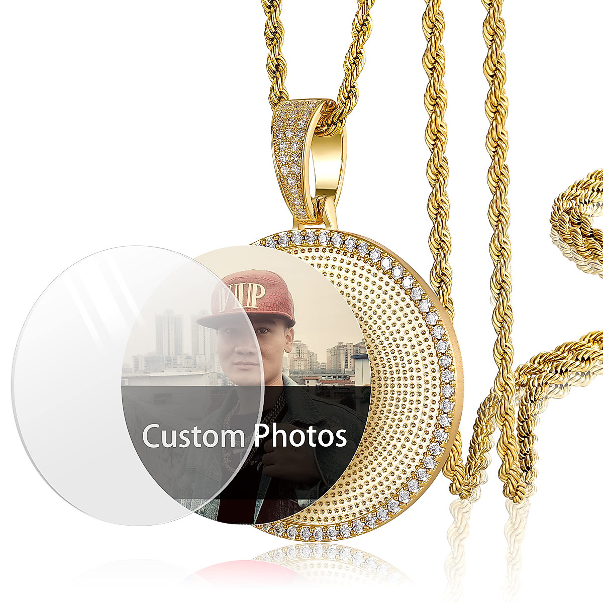 YIMERAIRE Custom Photo Necklace Personalized Picture Frame Necklace Blank Pendant for Women Round Memory Pendant Necklace with Rope Chain Hip Hop Jewelry for Men