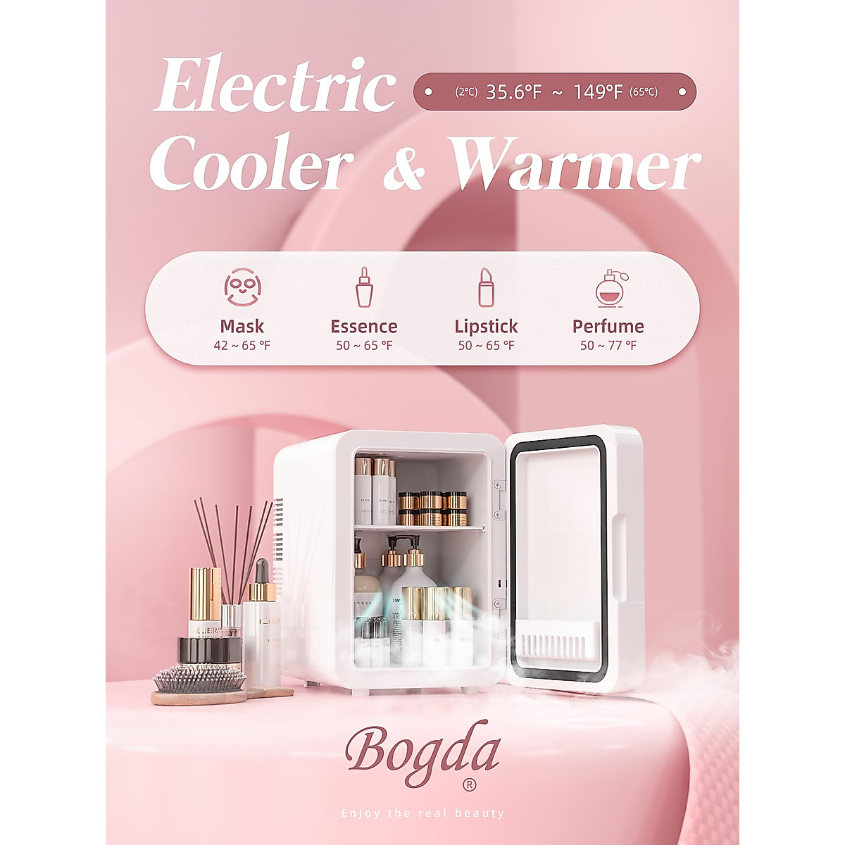 BOGDA Mini Skincare Fridge (4 Liter/6 Can) with Dimmable LED Light Mirror, Cooler and Warmer for Refrigerating Make Up, Skin Care and Food, Portable Mini Fridge for Bedroom, Office and Car, White