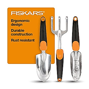 Fiskars 384490-1002 Garden Scratch Tool Set with Shovel, Hand Rake and Spade for Weed Removal, Digging, Gardening, Black/Orange