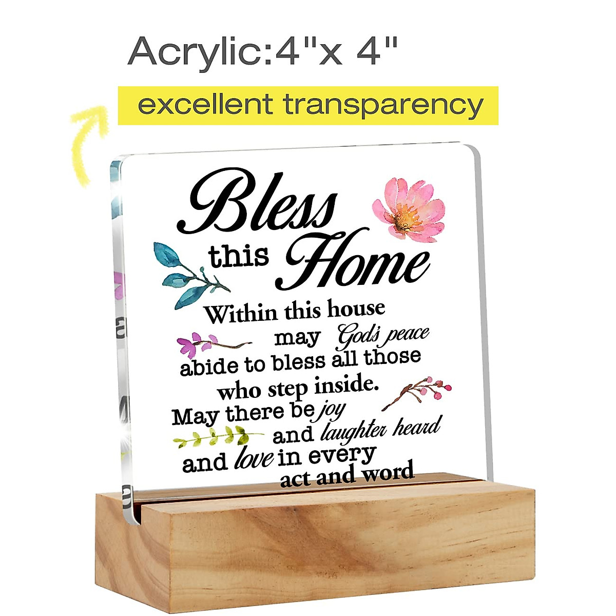 Inspirational House Warming Gifts Home Bless this Home Quote Desk Decor House Blessing Religious Acrylic Desk Plaque Sign with Wood Stand Home Office Desk Sign Keepsake