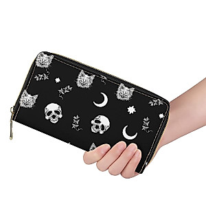 CHPGPUG Women's Skull Cat Moon Long Wallet,Zippered Coin Purse,PU Leather Clutch Wallet