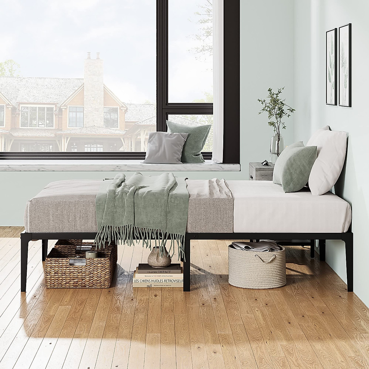 Alkmaar 14 Inch Twin Size Black Bed Frame, Metal Platform Mattress Foundation, Metal Slat Support, No Box Spring Needed, Noise Free (Twin)