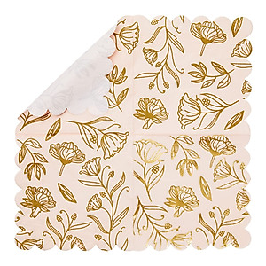 Sparkle and Bash 50-Pack Pink Paper Napkins with Gold Foil, Floral Design & Scalloped Edges for Wedding, Baby Showers, & Bridal Showers, Disposable Cocktail Napkins for Serving Drinks (3-Ply, 5x5 in)