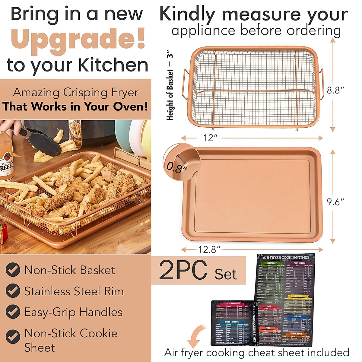 Air Fryer Basket For Oven | 12.8"x9.65" Nonstick Rack & Crisper Tray w/Cheat Sheet Included - Stainless Steel Mesh Frying Basket & Pan for Full Size Oven - Dishwasher Safe 2PC Set for Convection Oven