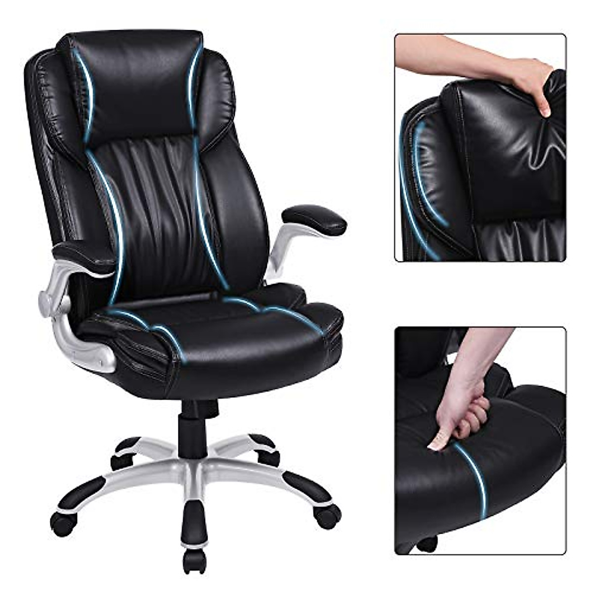 SONGMICS Extra Big Office Chair, High Back PU Executive Chair with Thick Seat and Tilt Function, Flip Up Arms, Black UOBG94BK