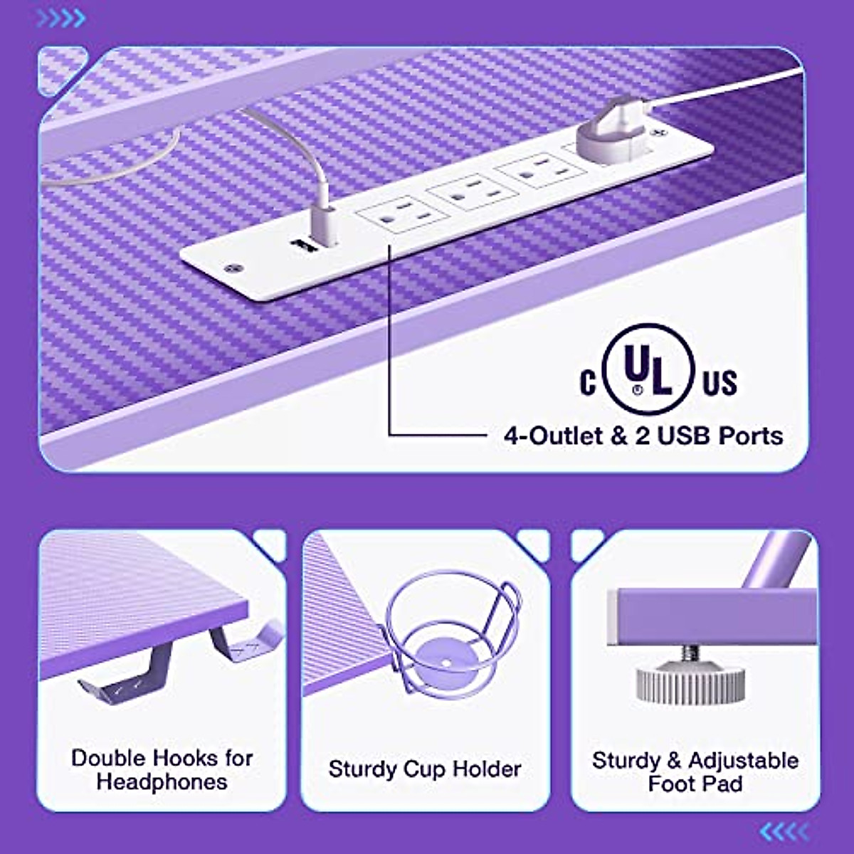 SEVEN WARRIOR Gaming Desk 50.4” with LED Light & Power Outlets, L-Shaped Gaming Desk Carbon Fiber Surface with Monitor Stand, Ergonomic Gamer Table with Cup Holder, Headphone Hook, Purple
