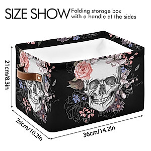 Sugar Skull Flower Floral Vintage Storage Bin Canvas Toys Storage Basket Bin Large Storage Cube Box Collapsible with Handles for Home Office Bedroom Closet Shelves,1 pc