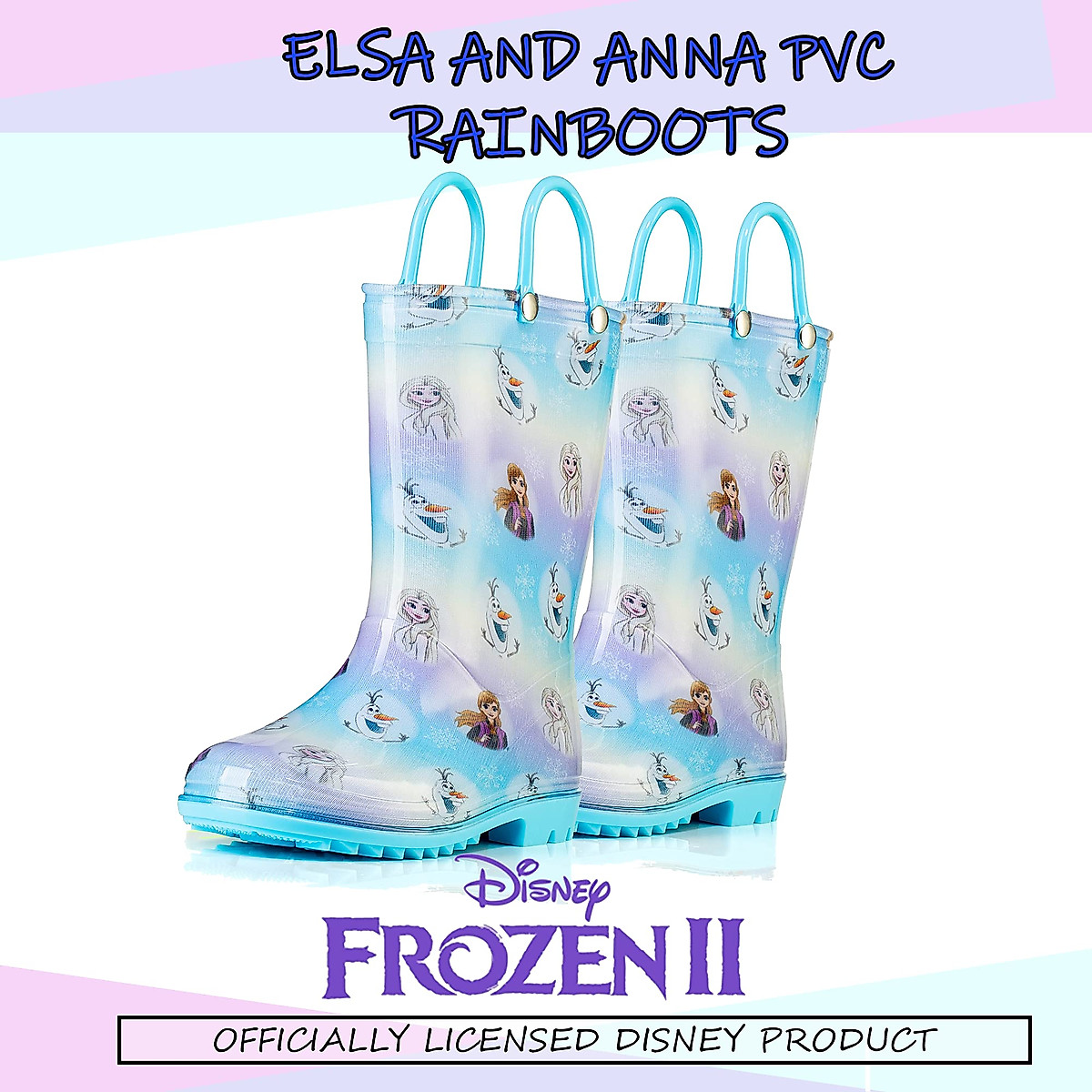 Disney Frozen 2 Girls Anna, Elsa and Olaf Pink PVC Waterproof Licensed Rain Boots Easy-On Handles - Size 8 Toddler
